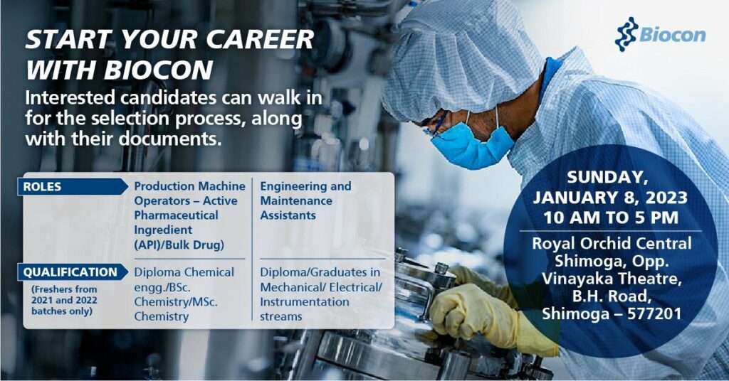 Chemistry Freshers Apprenticeship @ Biocon - Attend Walk in